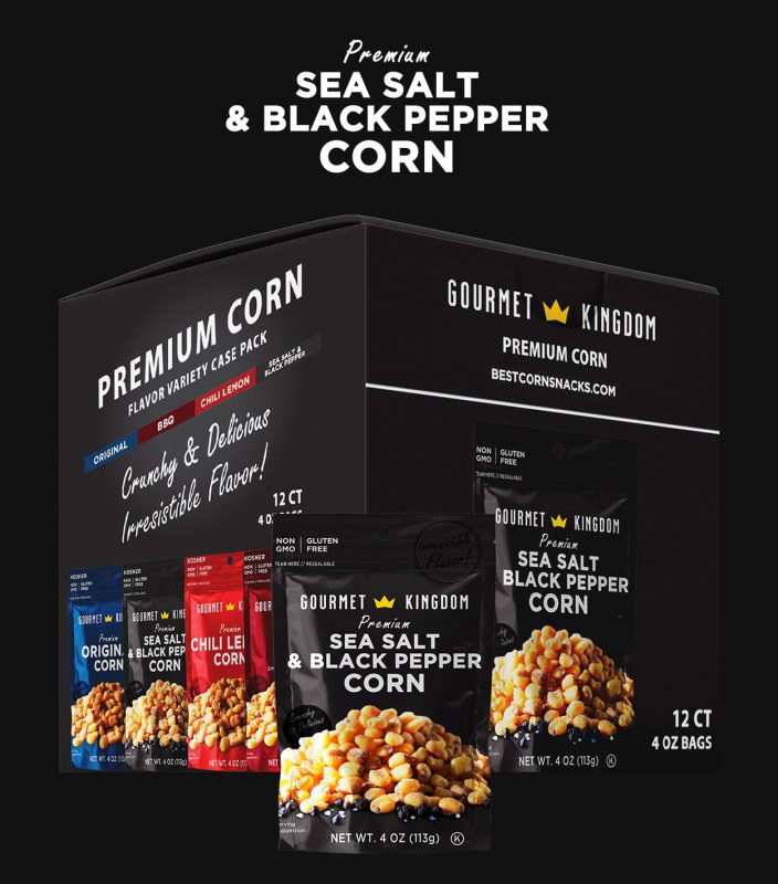 Box of 12 Sea Salt & Black Pepper Corn Snacks – Gourmet Kingdom Snacks